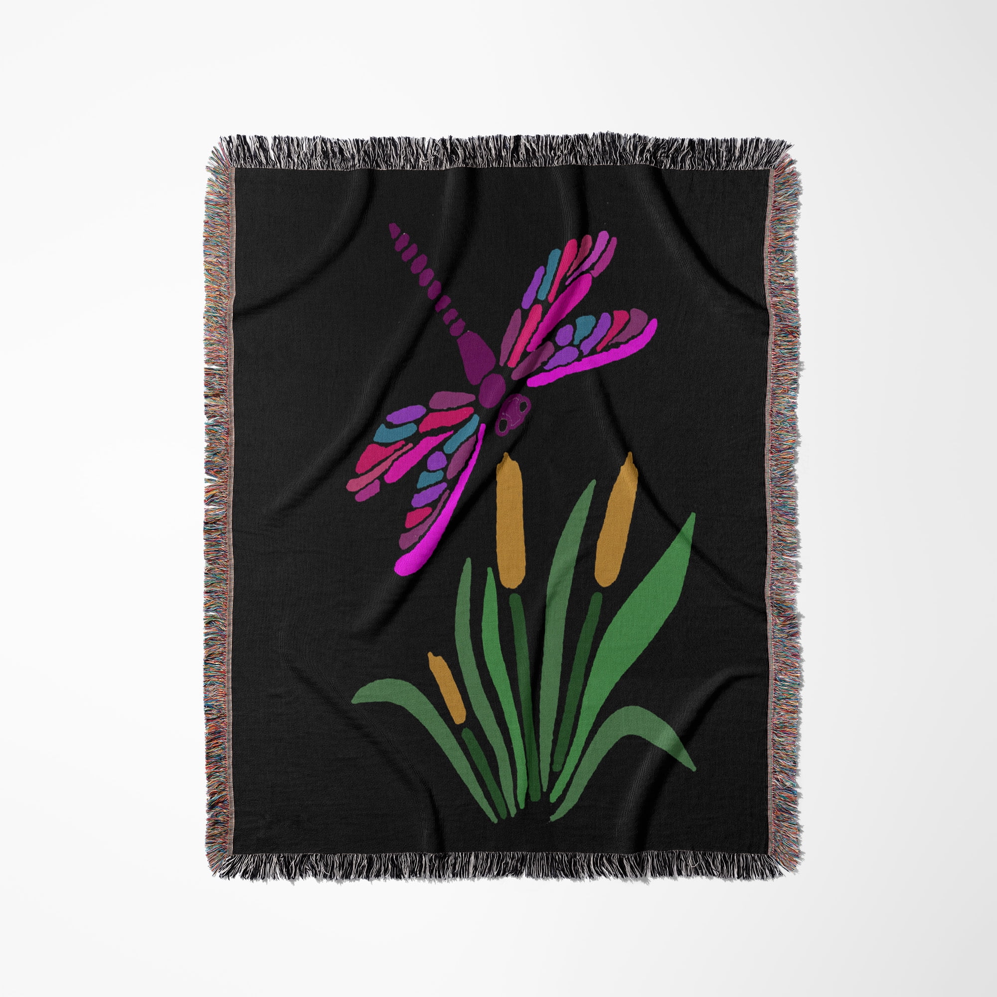 Fun Artistic Purple Dragonfly On Cattails Abstract Art, Woven Blanket ...