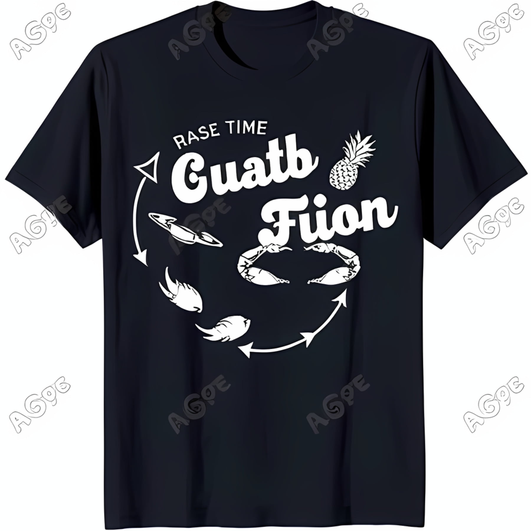 Fun Beachy Black T-Shirt with 'Rase Guath Fion' Text & Graphics: Crab ...