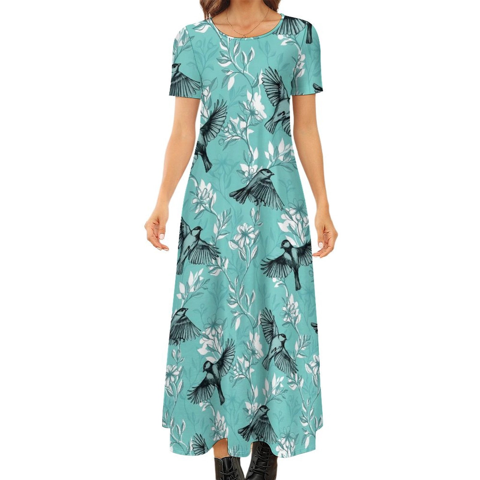Fun Birds Flower Dress Colorful Floral Trendy Maxi Dress Aesthetic ...