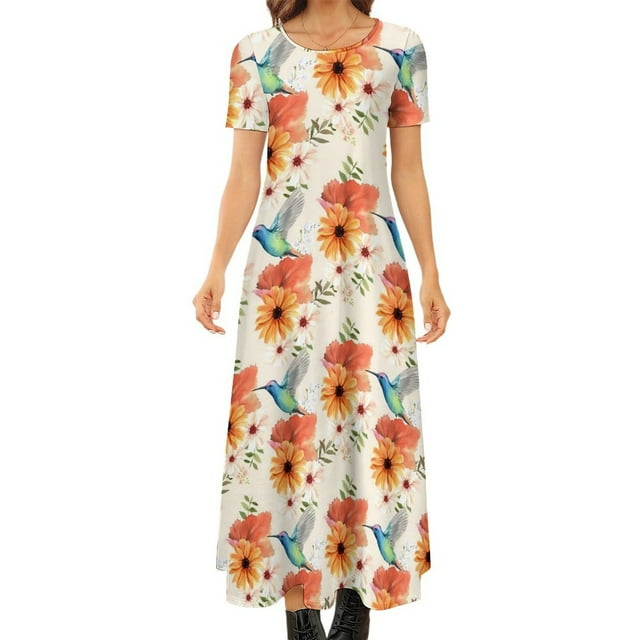 Fun Birds Flower Dress Colorful Floral Trendy Maxi Dress Aesthetic ...