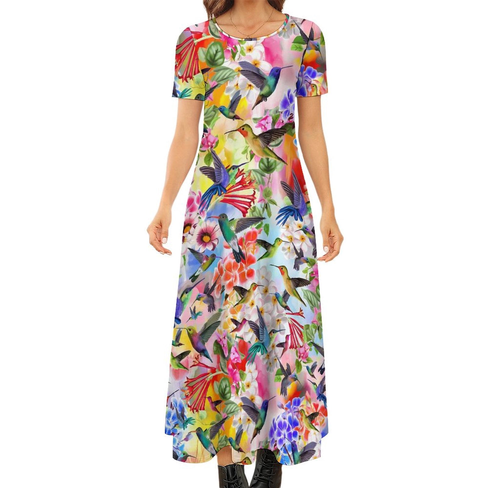 Fun Birds Flower Dress Colorful Floral Trendy Maxi Dress Aesthetic ...