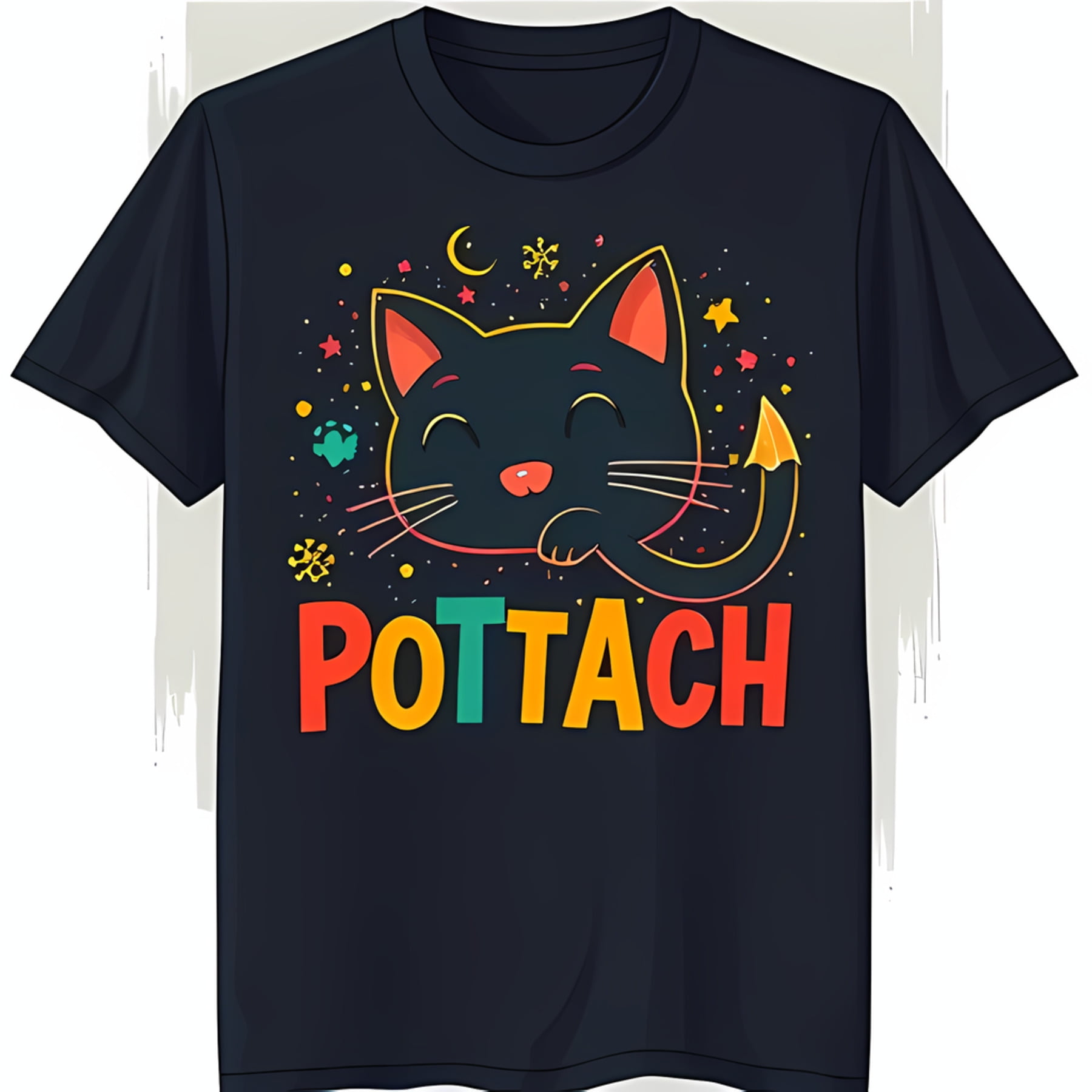 Fun Black T-Shirt with Cartoon Cat Graphic & Colorful 'POTTEACH' Design ...