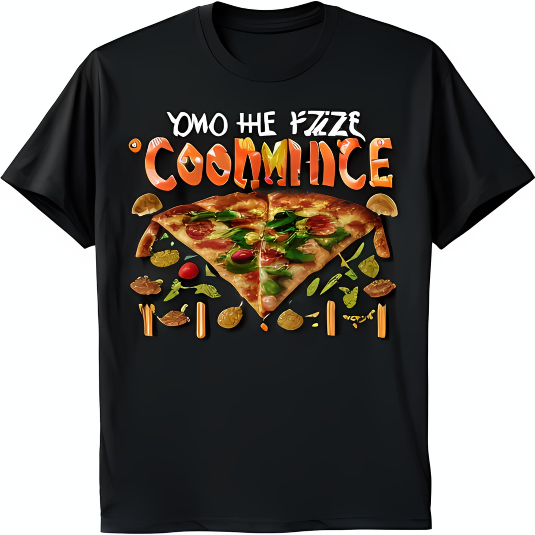 Fun Black T-Shirt with YOMO THE Fizza COMMENCE Graphic & Pizza Design ...