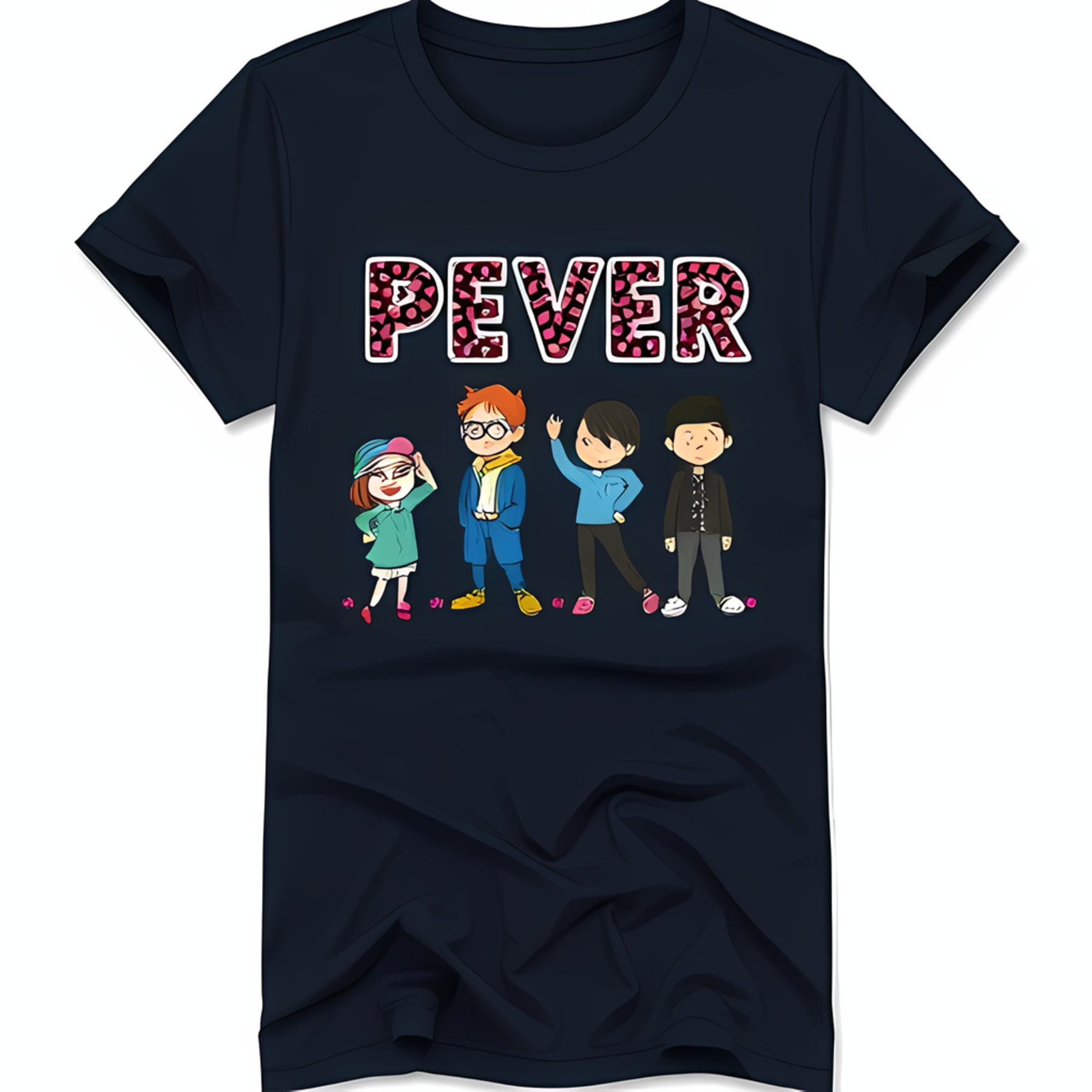 Fun Blue T-Shirt with Glittery 'PEVER' and Cartoon Characters Design - Walmart.com