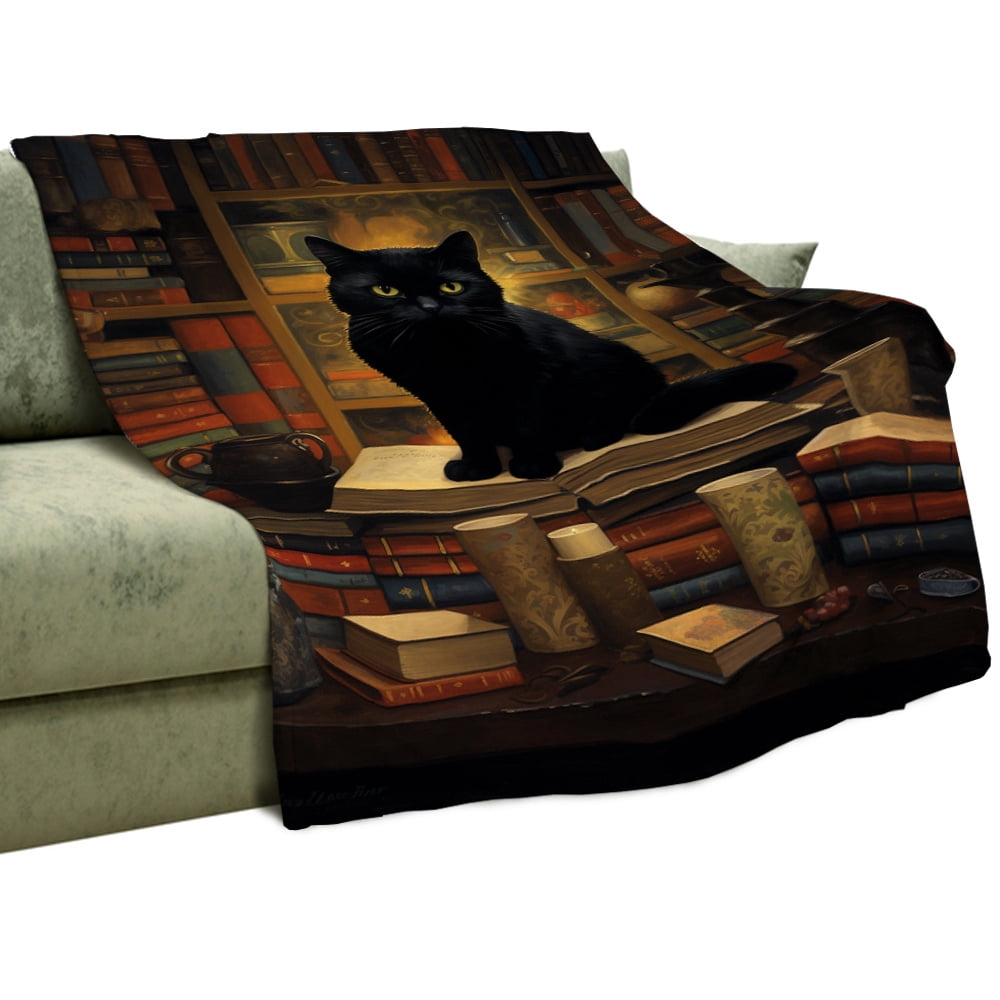 Fun Book Animals Soft Warm Cozy Blanket, Black Cat Watercolor Library ...