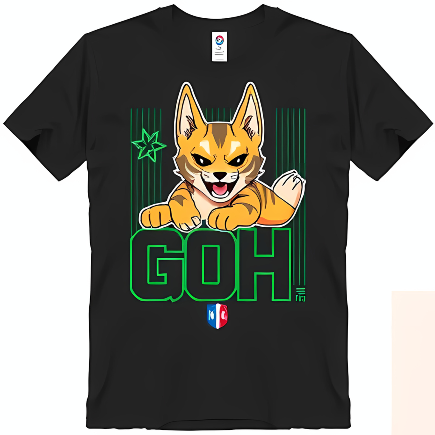 Fun Cartoon Cat T-Shirt for Black Tee with Green Eyes & 'GOH ' Design ...
