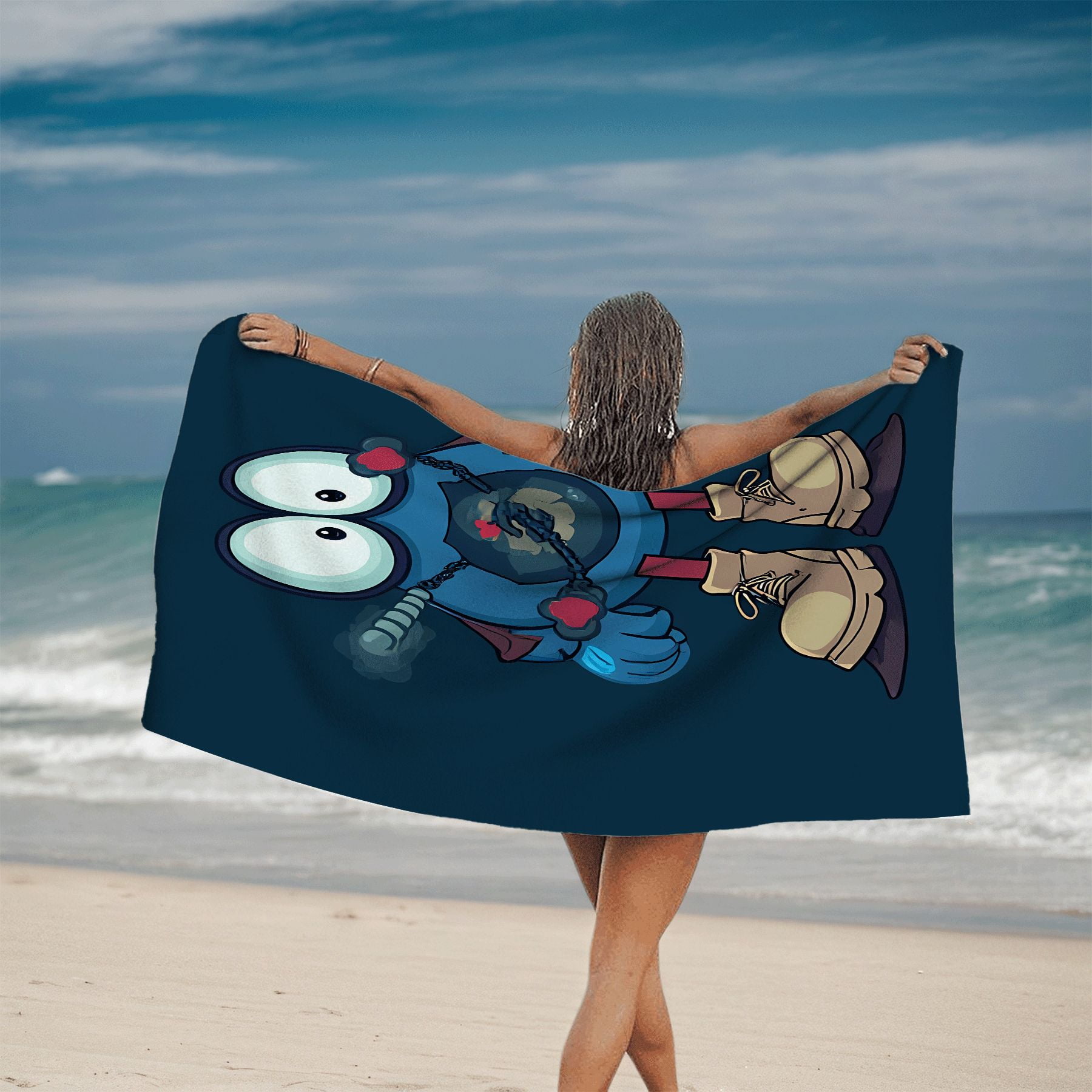 Fun Cartoon Character Beach Towel - Large Expressive Eyes Blue Body Red ...