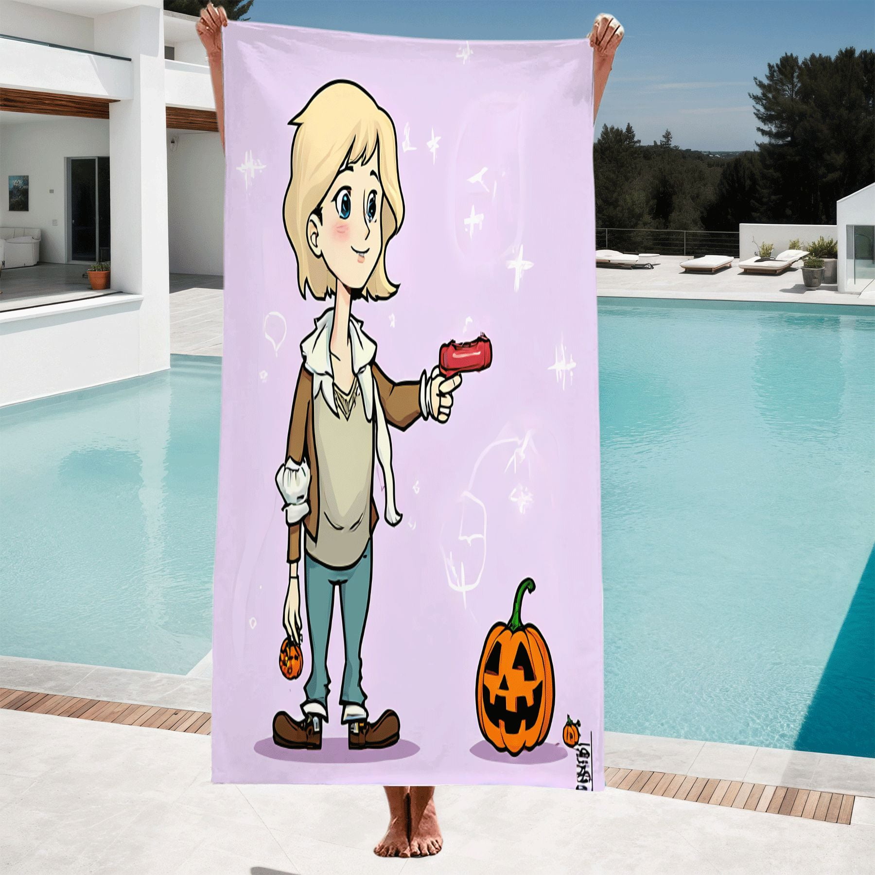 Fun Cartoon Character Beach Towel - Short Blonde Hair Red Toy Pumpkin ...