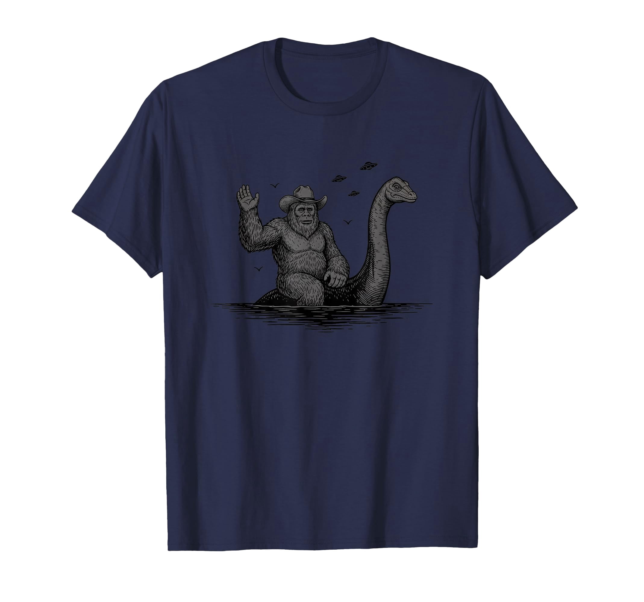 Fun Cartoon Cowboy Sasquatch Riding Loch Ness Monster Graphic T-Shirt ...