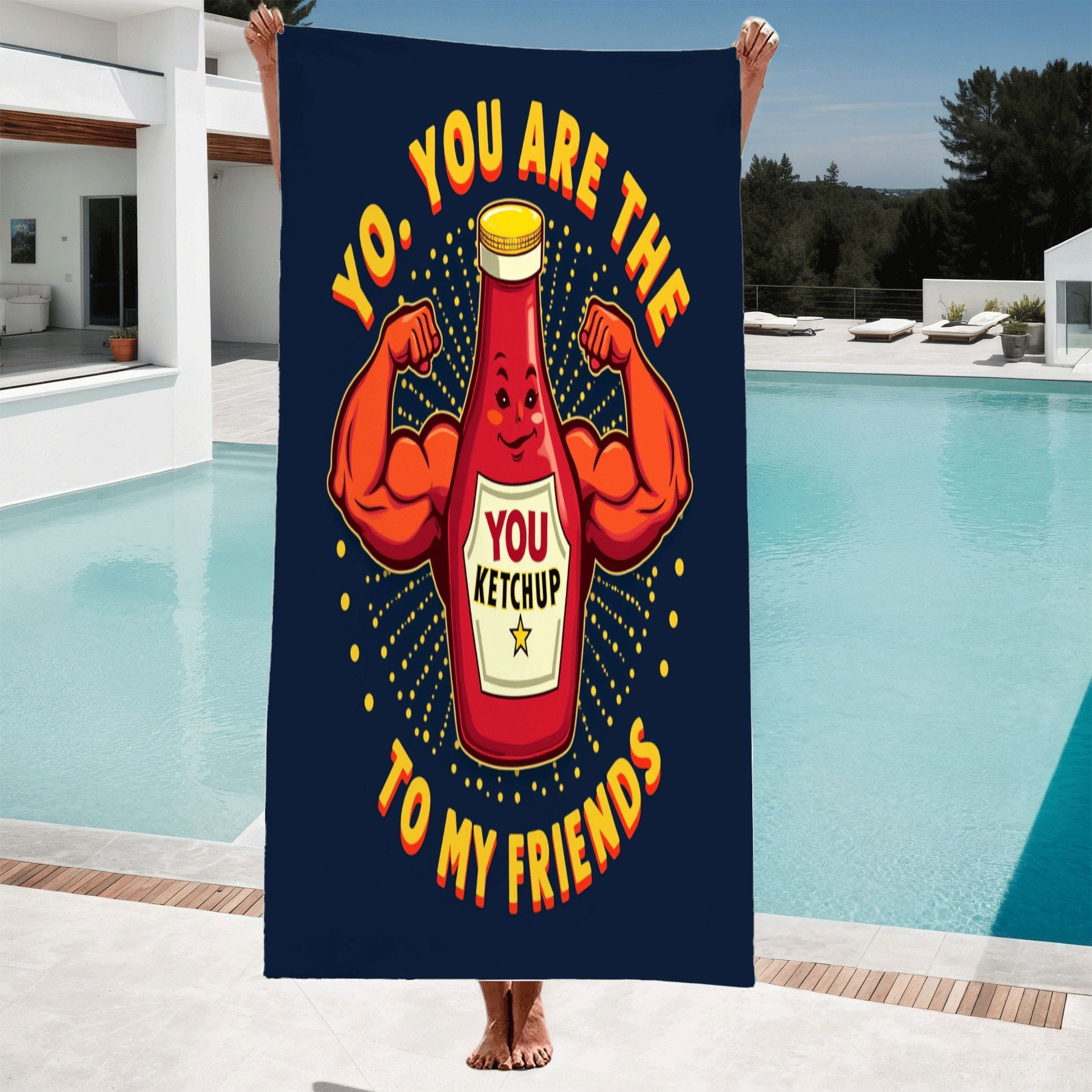 Fun Cartoon Ketchup Bottle Beach Towel - Muscular Design Flexing ...