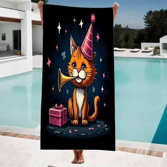 Fun Cartoon Orange Cat Beach Towel - Festive Design with Party Hat ...