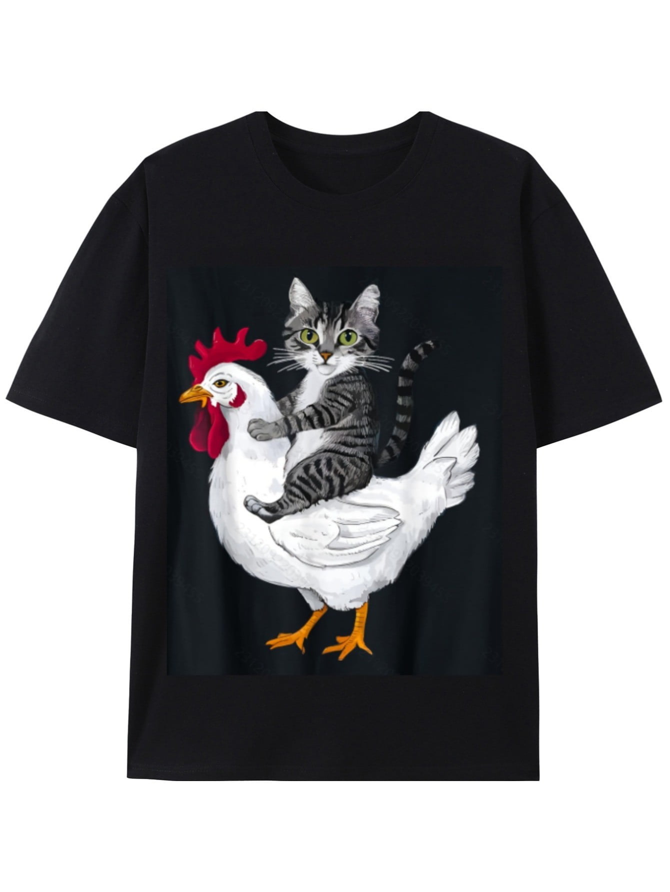 Fun Cat and Chicken Riding Short-sleeved T-shirt, Gray Cat Calmly ...