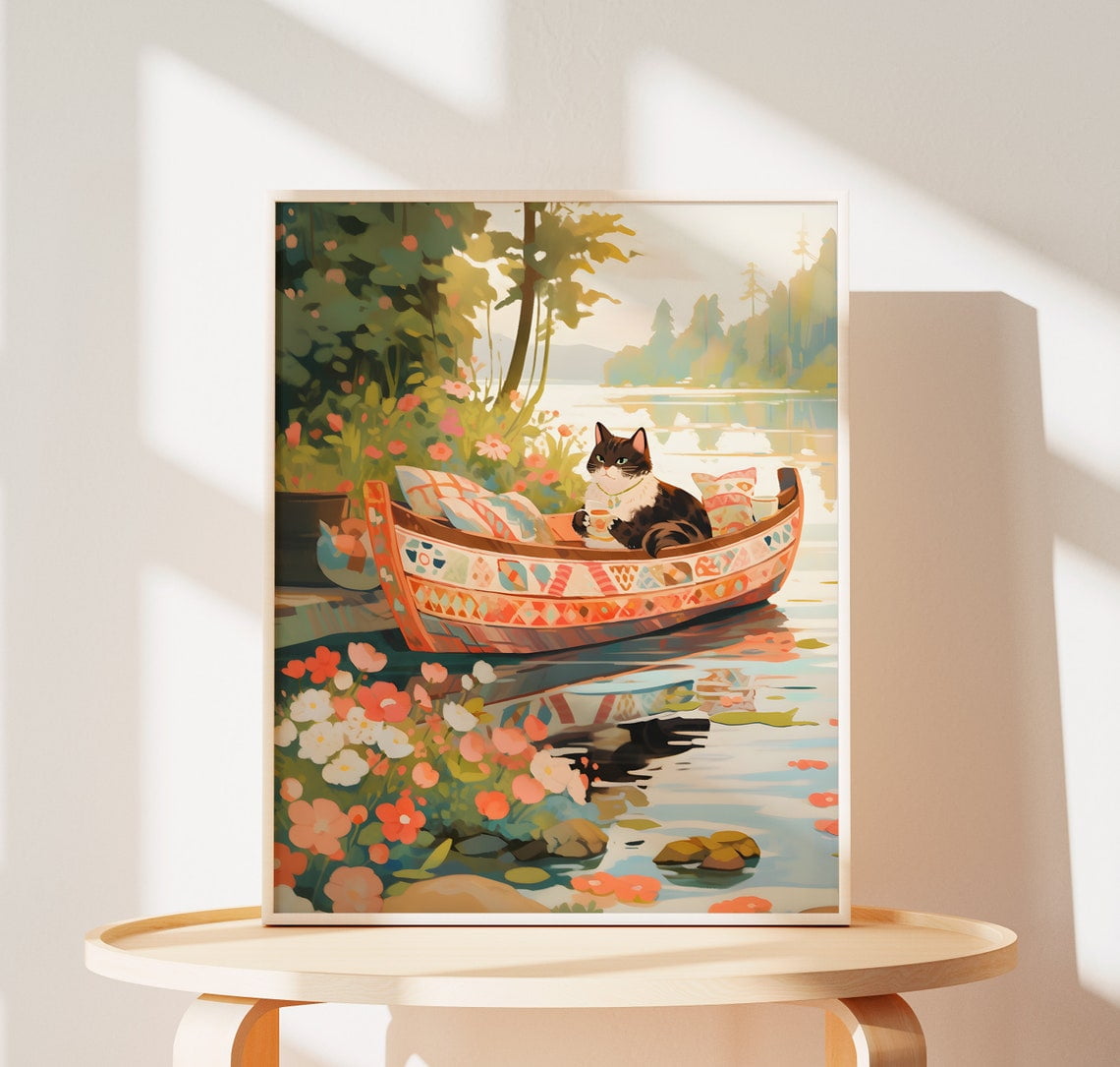 Fun Cat Poster, Cute Cat Mom Gift, Canoe Print, Lake Boat & Woods ...