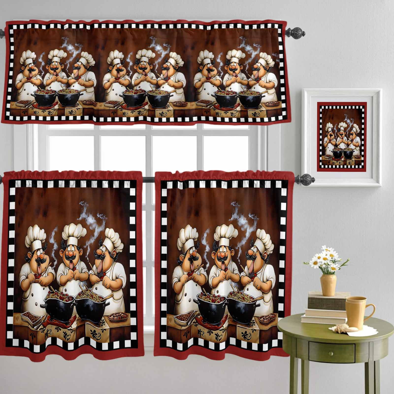 Fun Chef Food Kitchen Cooking Curtain Tier and Valance Set 3 Piece ...