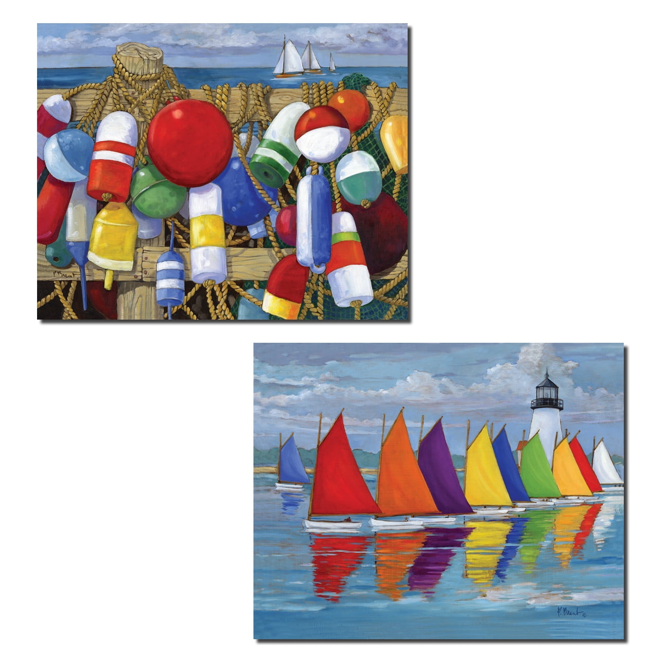Fun, Colorful Buoy and Sailboats; Coastal Decor; Two 14x11 Poster ...