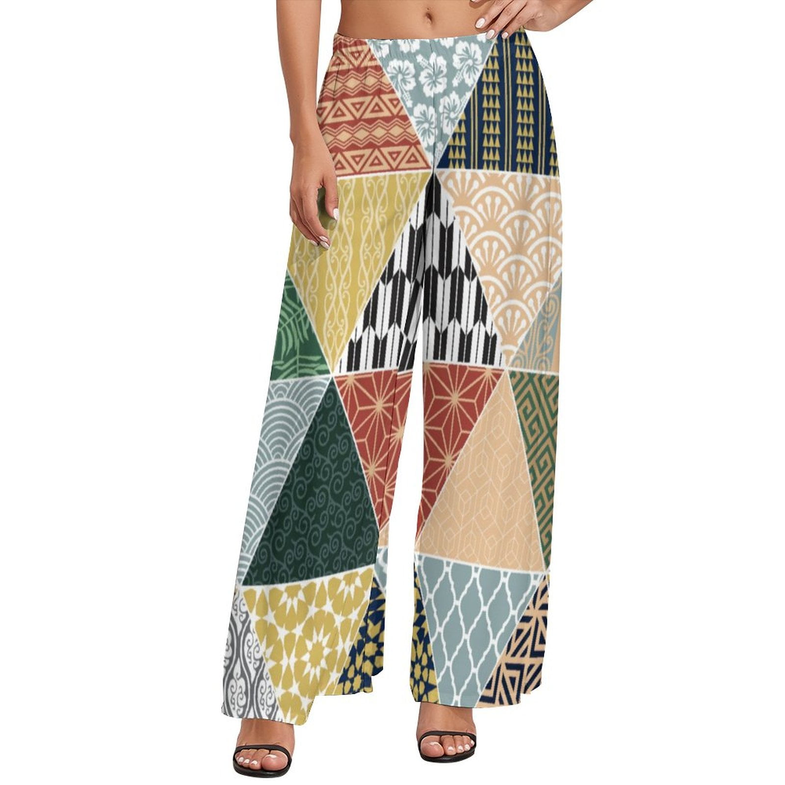 Fun Colorful Patchwork Pants Retro Tiles Print Casual Wide Leg Pants ...