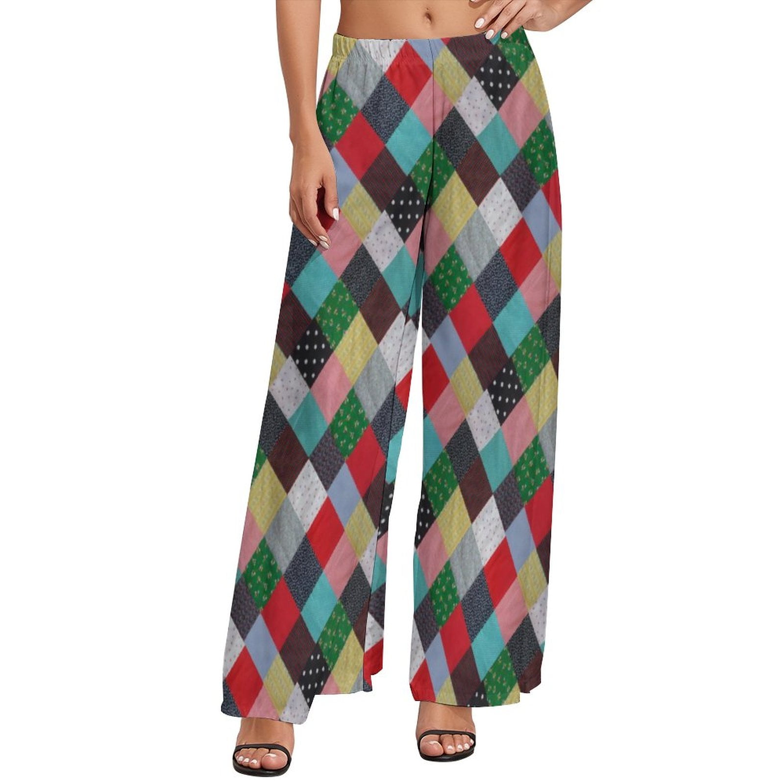 Fun Colorful Patchwork Pants Retro Tiles Print Casual Wide Leg Pants ...