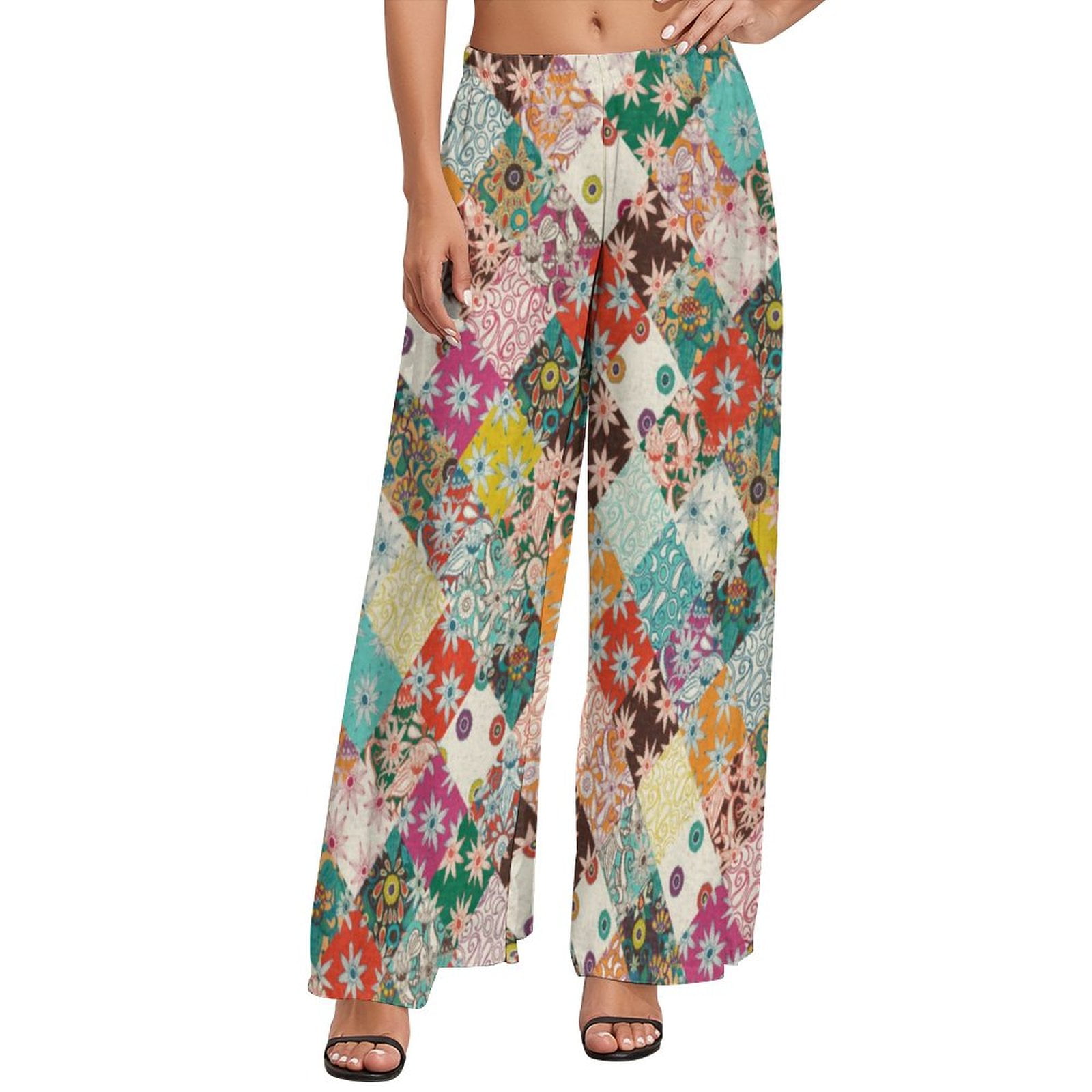 Fun Colorful Patchwork Pants Retro Tiles Print Casual Wide Leg Pants ...