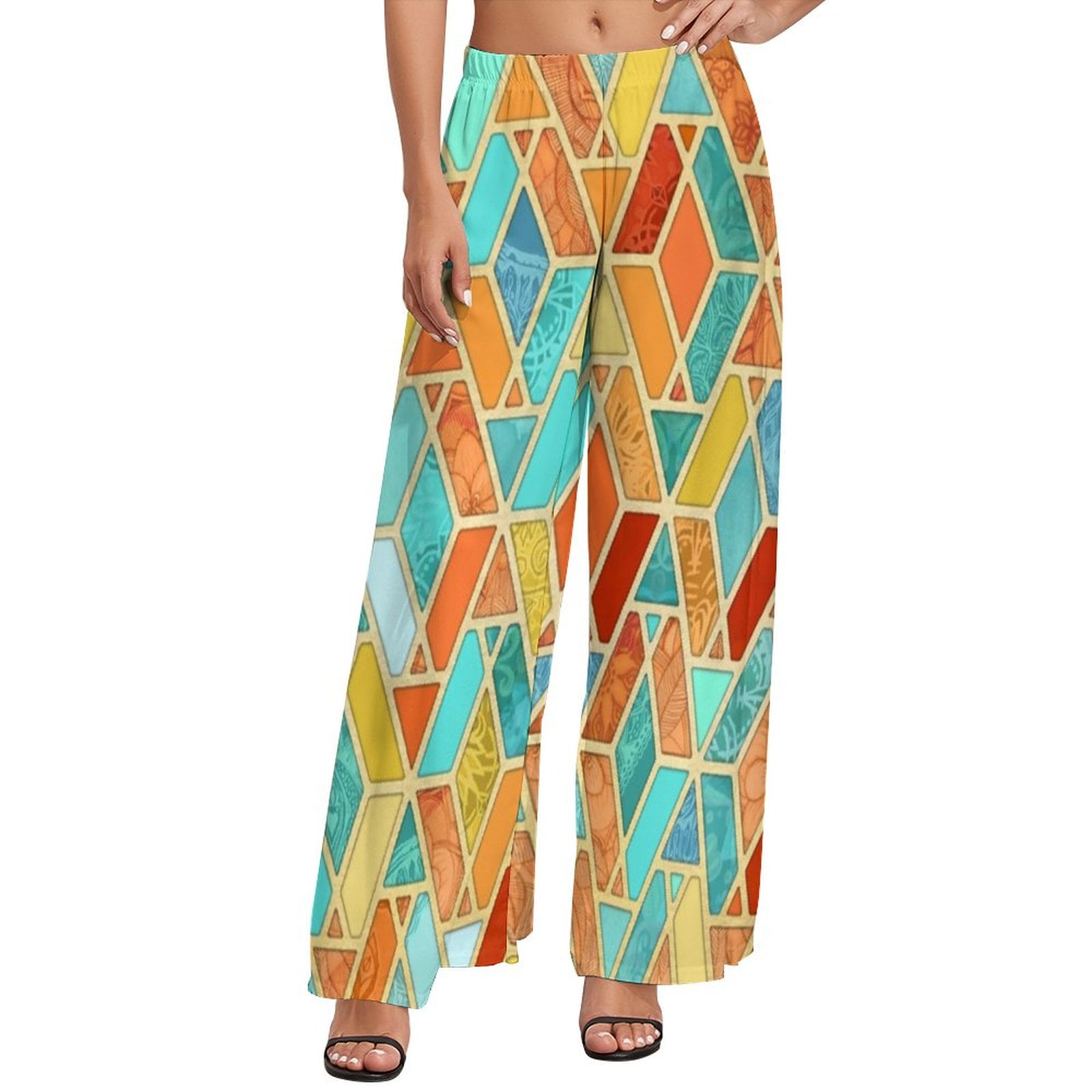 Fun Colorful Patchwork Pants Retro Tiles Print Casual Wide Leg Pants ...