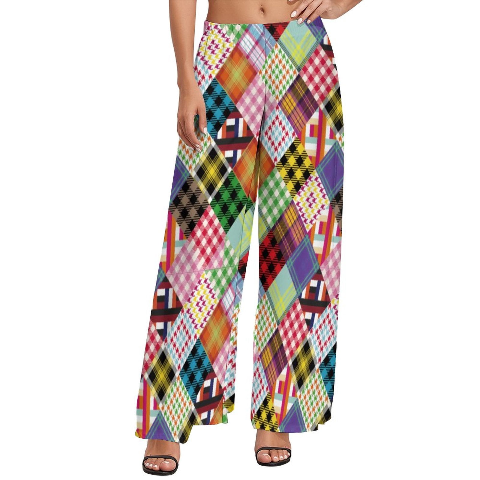 Fun Colorful Patchwork Pants Retro Tiles Print Casual Wide Leg Pants ...