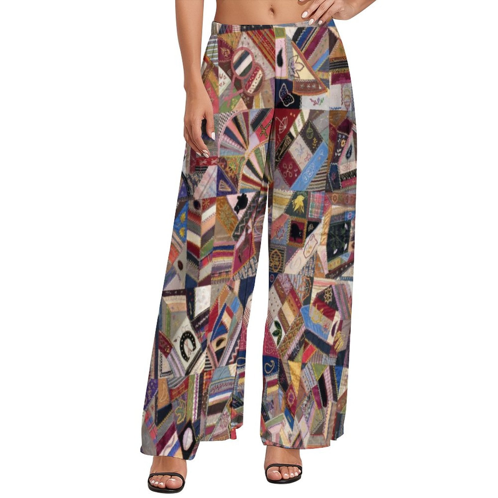 Fun Colorful Patchwork Pants Retro Tiles Print Casual Wide Leg Pants ...