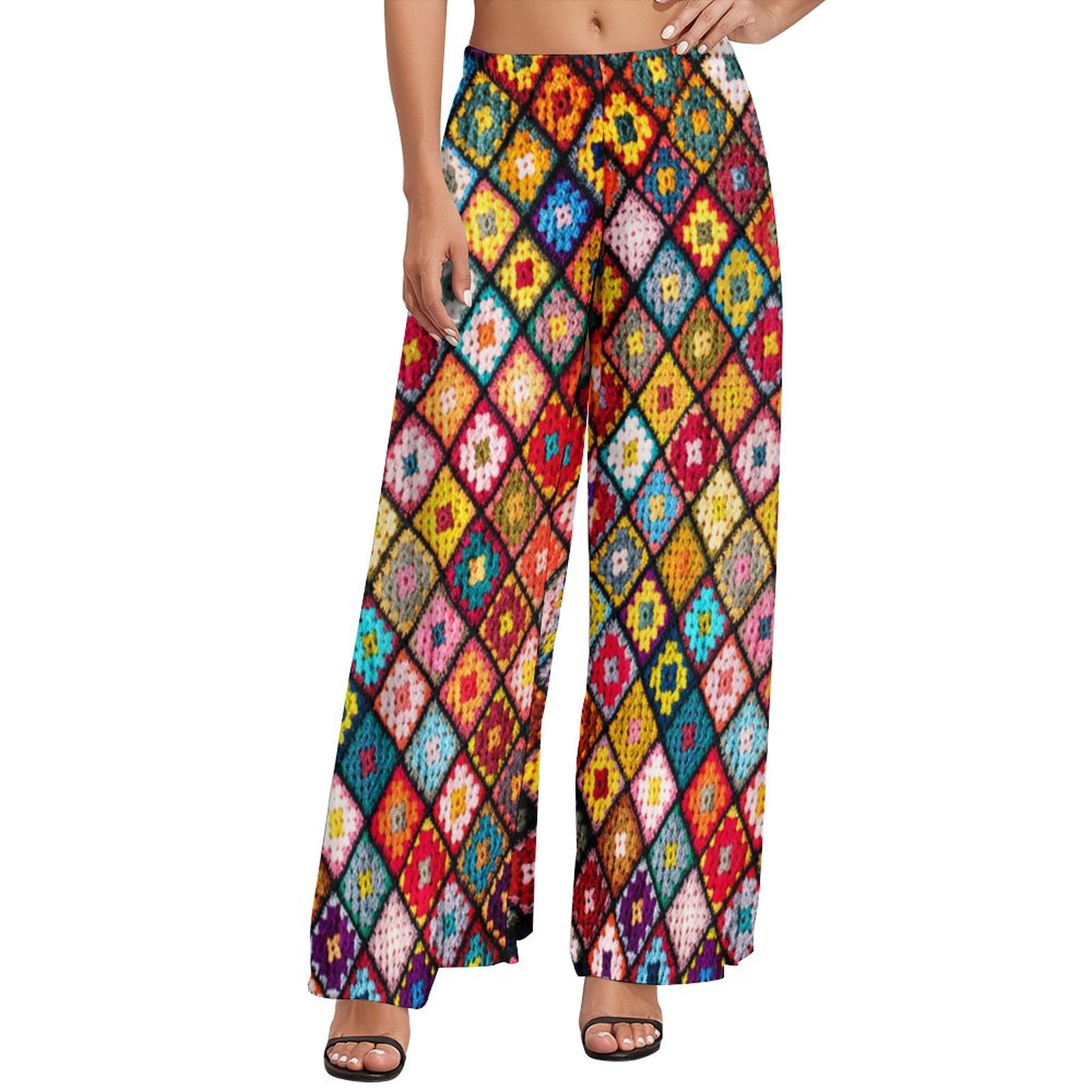 Fun Colorful Patchwork Pants Retro Tiles Print Casual Wide Leg Pants ...