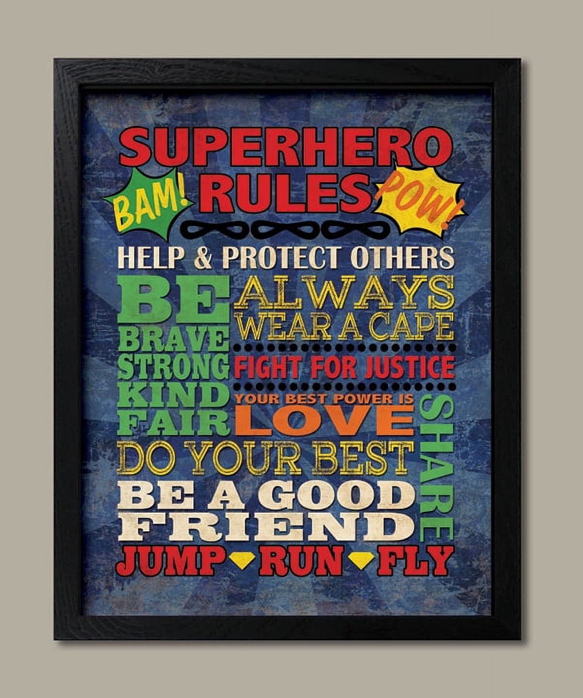 Multi-Color Superhero Rules Child Room Decor; 1 - 12" x 16" Black Frame ...