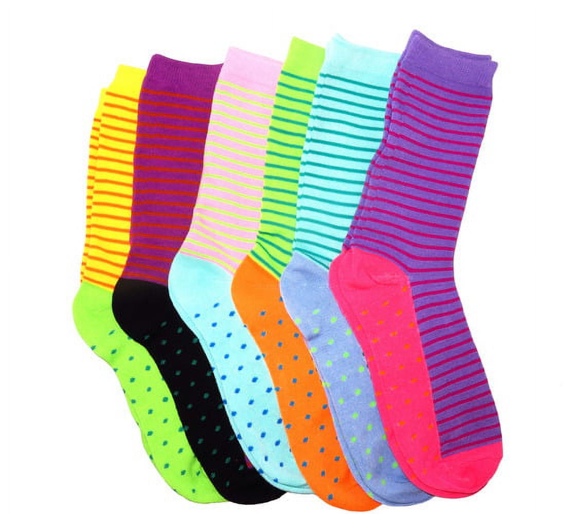 Fun & Colorful Two-Tone Stripes & Dotes Assorted 12 Pack Crew Socks ...