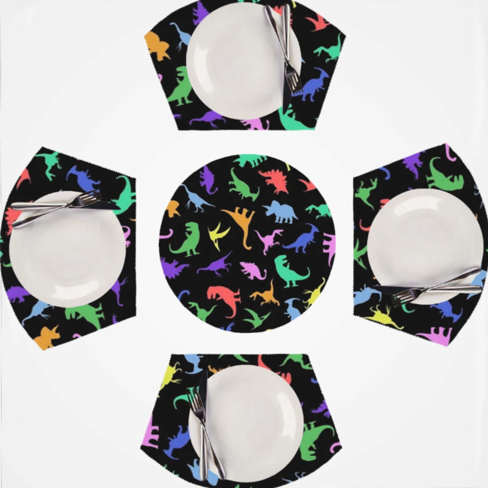 Fun Dinosaur Pattern Round Table Placemats Set Of 5 Wedge Table Mats Washable Heat Resistant ...