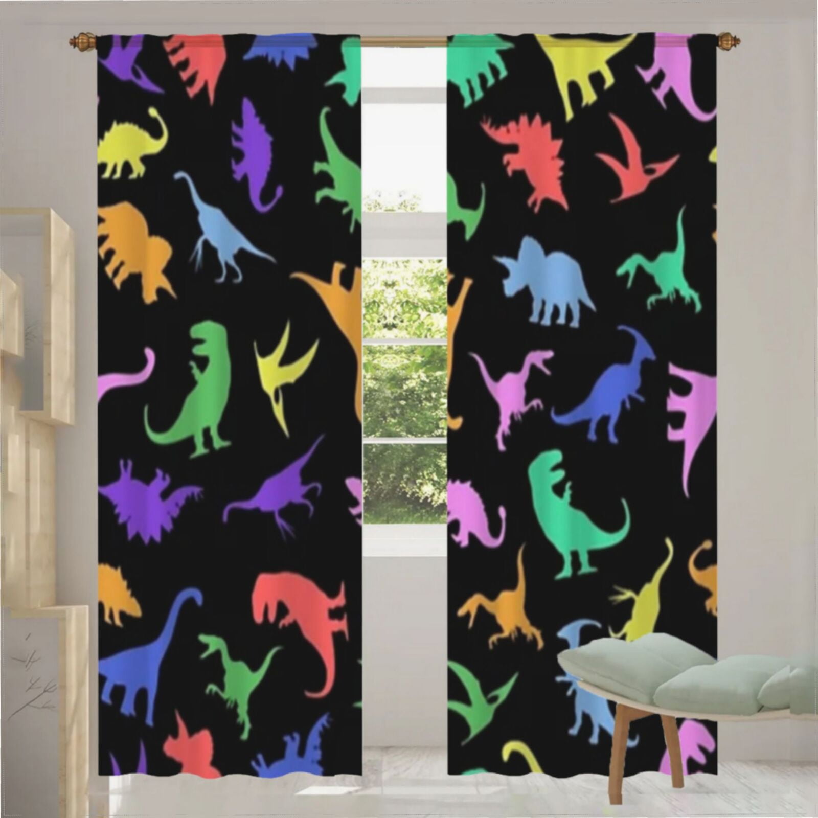 Fun Dinosaur Pattern Sheer Window Curtains for Living Room Kitchen ...