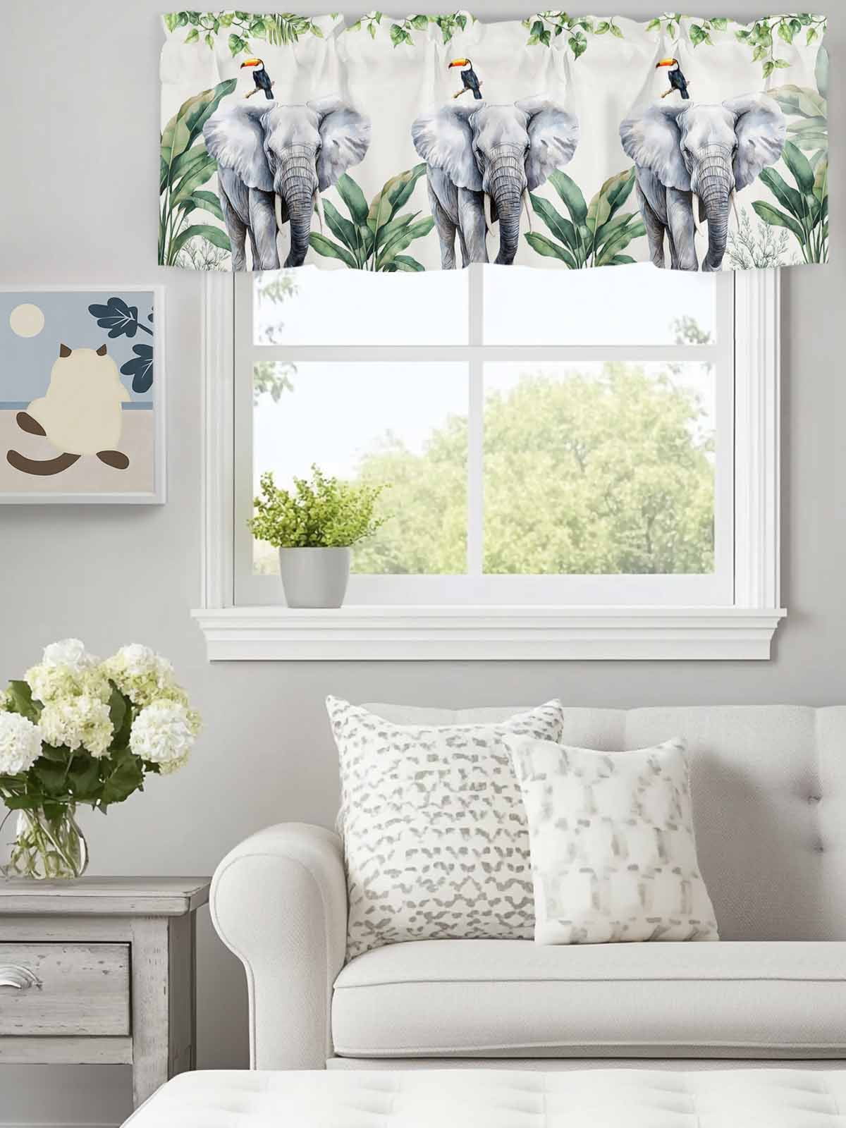 Fun Elephant Tropical Palm Leaf Valances for Windows,Rod Pocket Valance ...