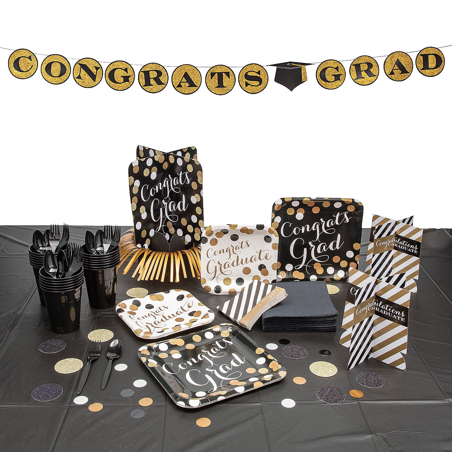 Fun Express 143 Pieces Black & Gold Congrats Grad Graduation Party ...