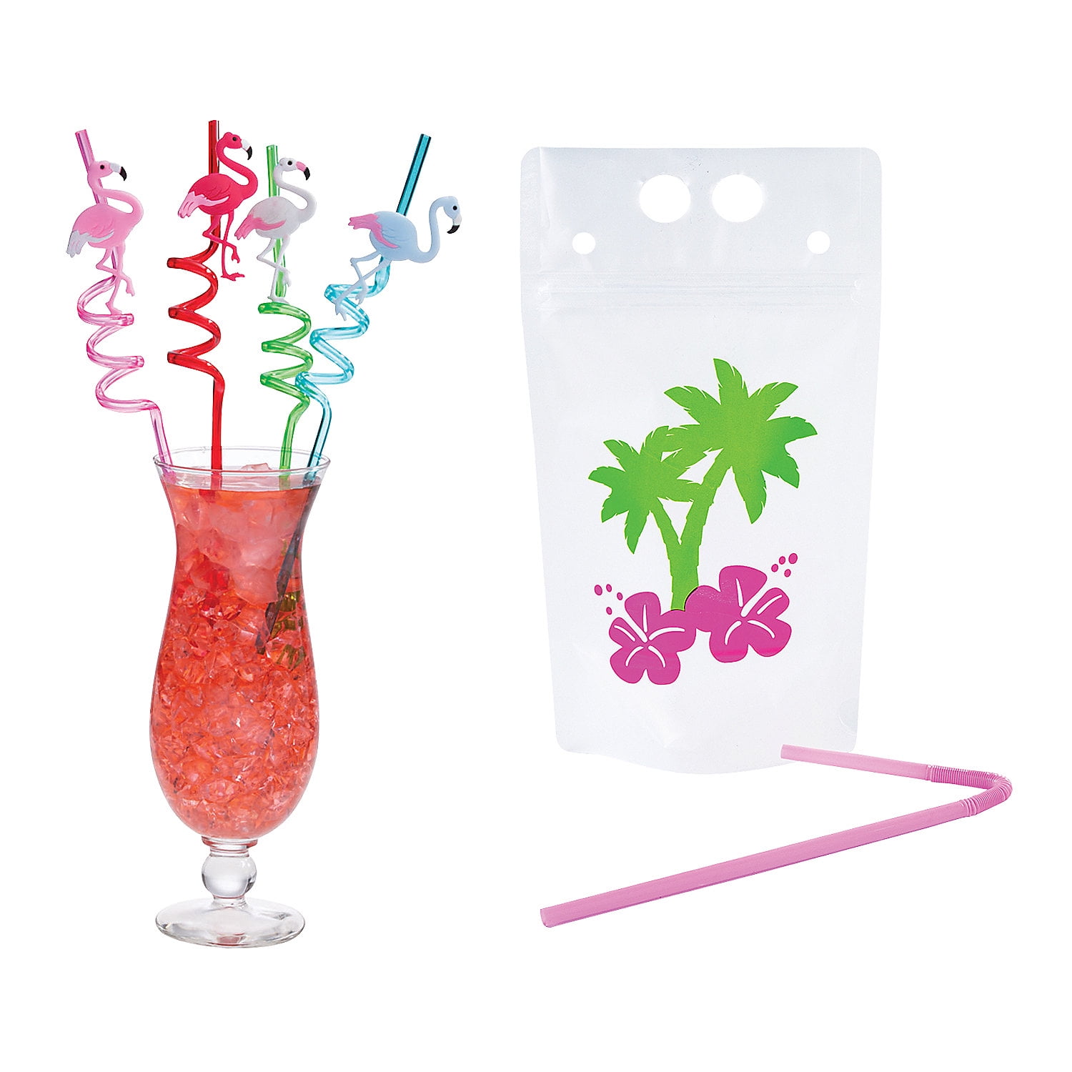 Fun Express 16 oz. Luau Plastic Drink Pouches & Silly Straws Kit - 74 ...