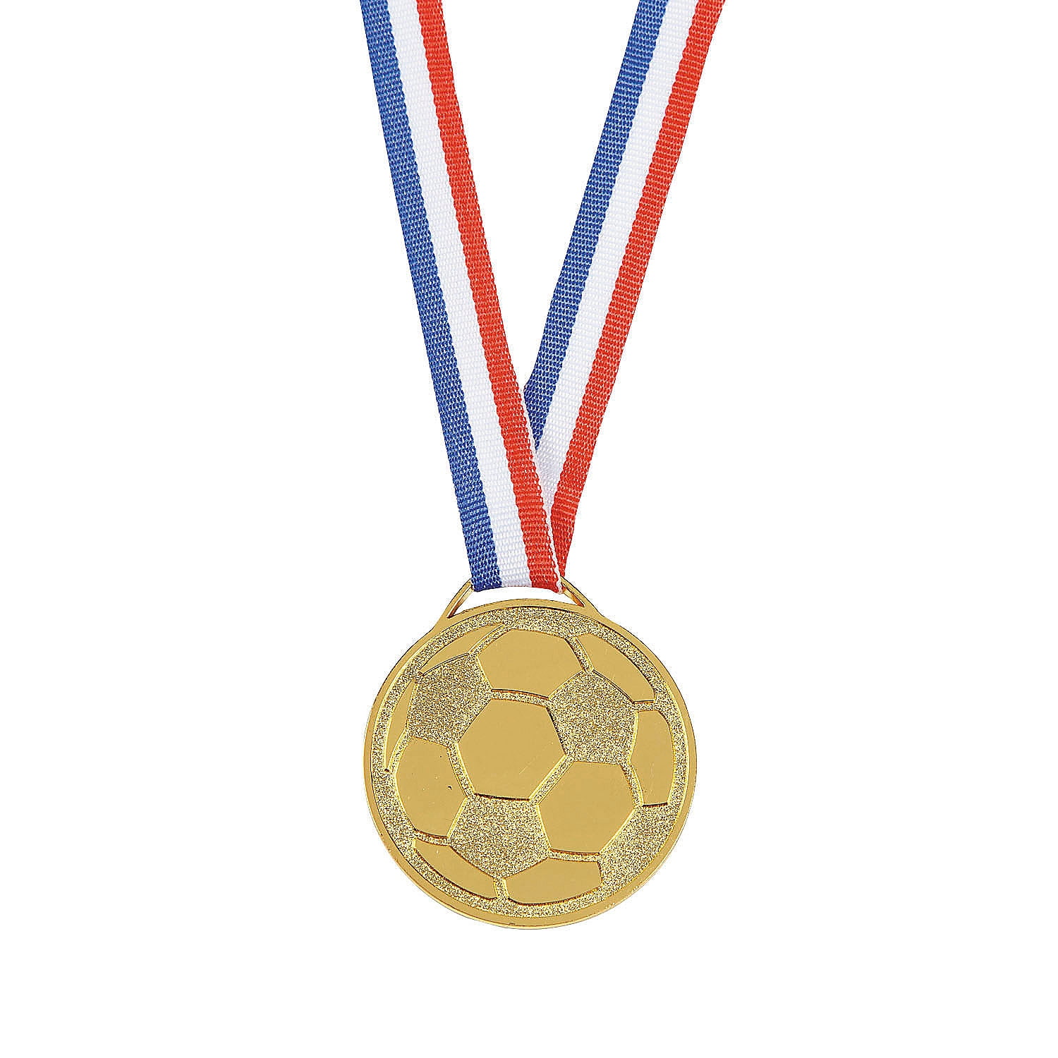 Fun Express 2" x 2 1/4" Goldtone Soccer Ball Medals with Red, White ...