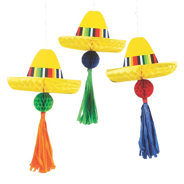 Fun Express 25" Sombrero Honeycomb Ceiling Decorations with Tassels - 3 ...