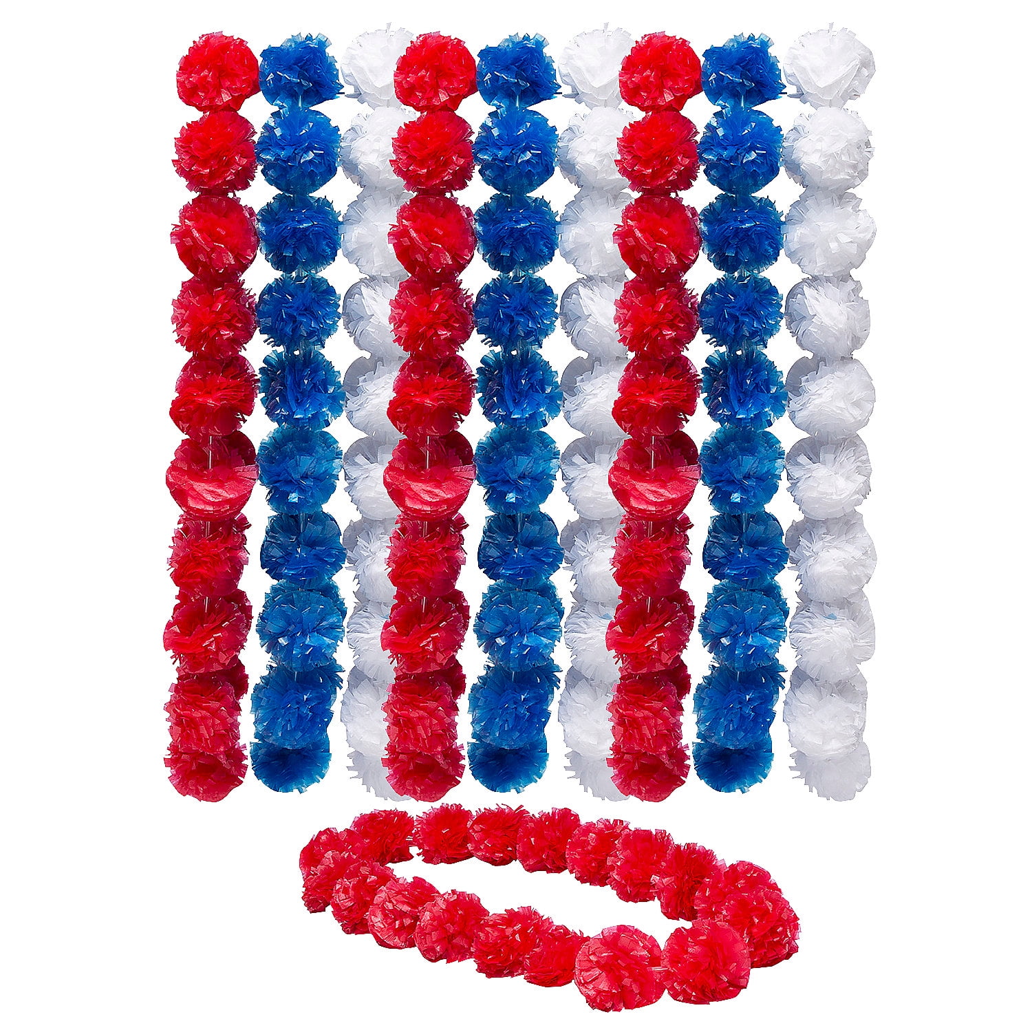 Fun Express 3 Ft. Patriotic Pom Pom Red, White & Blue Plastic Leis - 12 ...