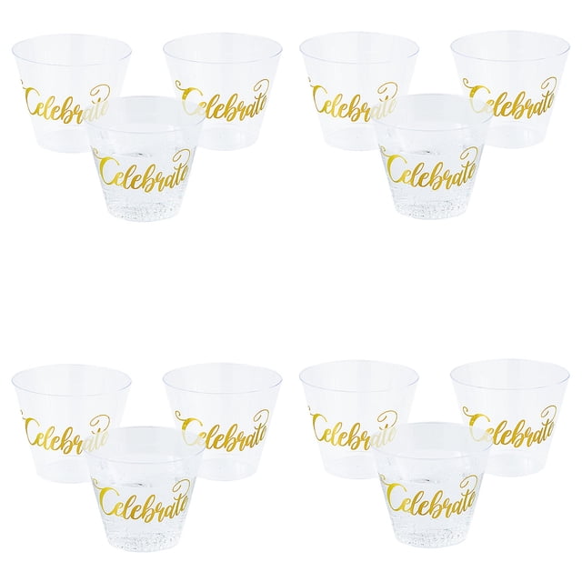 Fun Express Celebrate Clear Disposable Plastic Cups Gold Small 9 oz ...