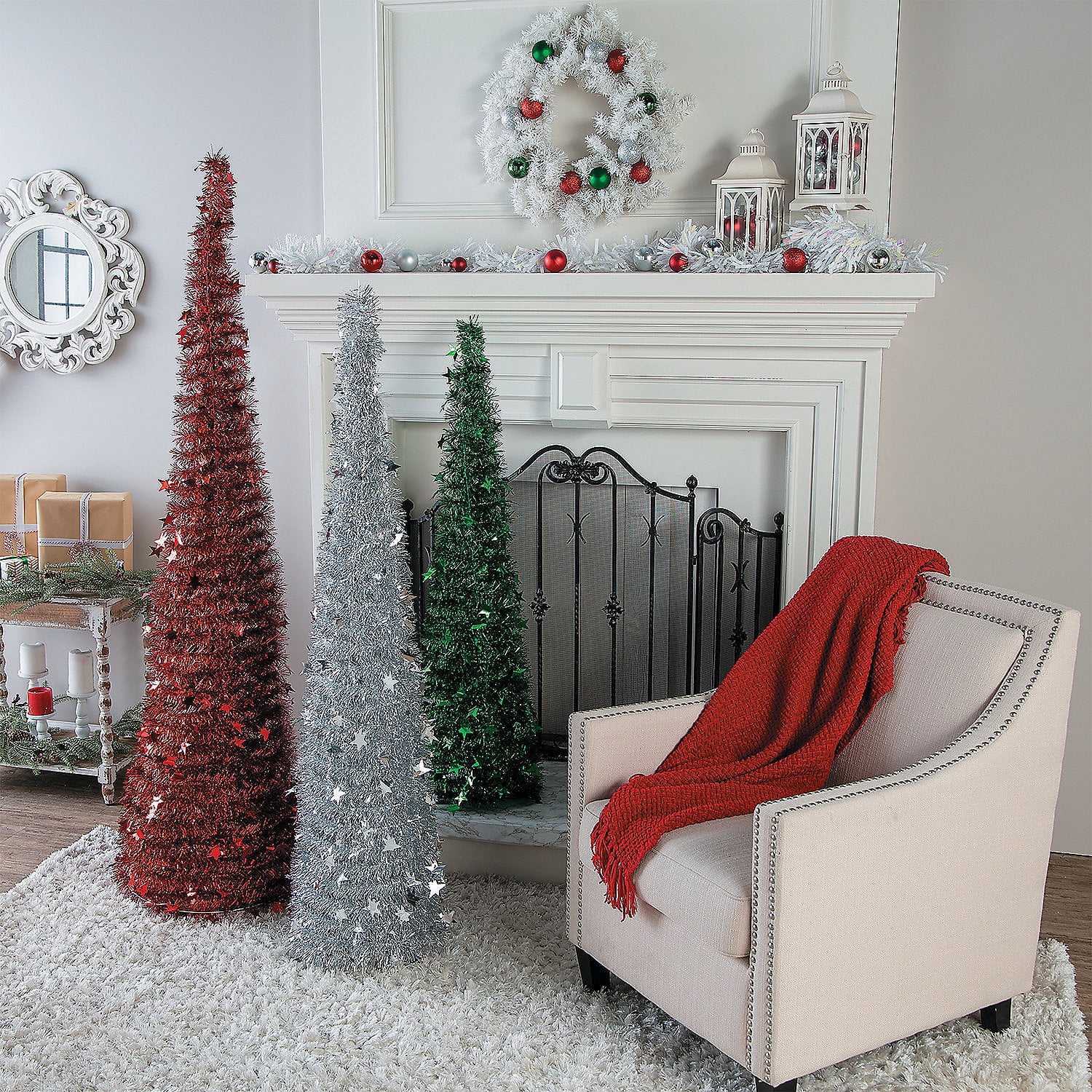 Fun Express Collapsible Red, White & Green Tinsel Tree Set - 3 Pc ...
