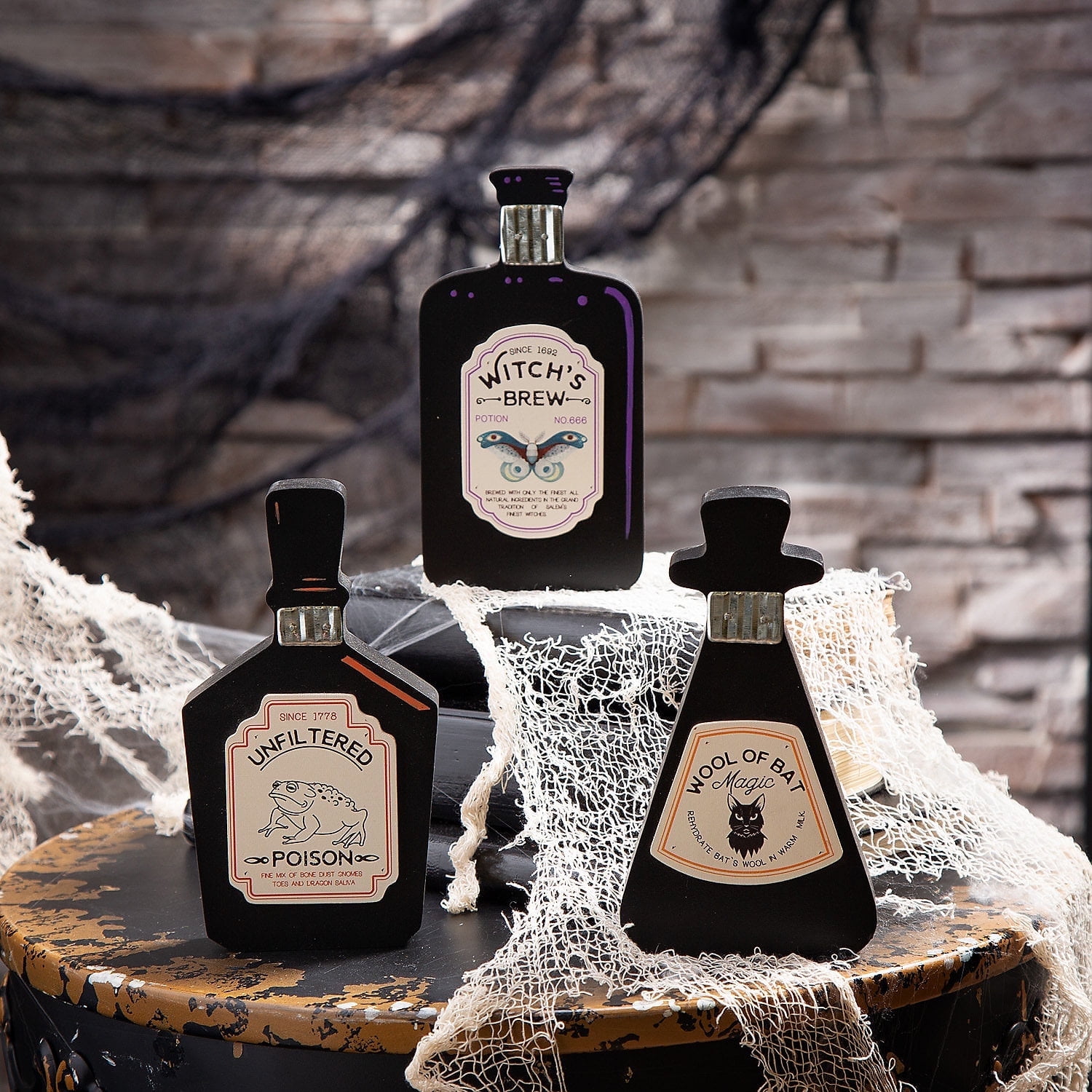 Walmart Decorative Witch's Brew, Unfiltered Poison, Wool of Bat Magic ...