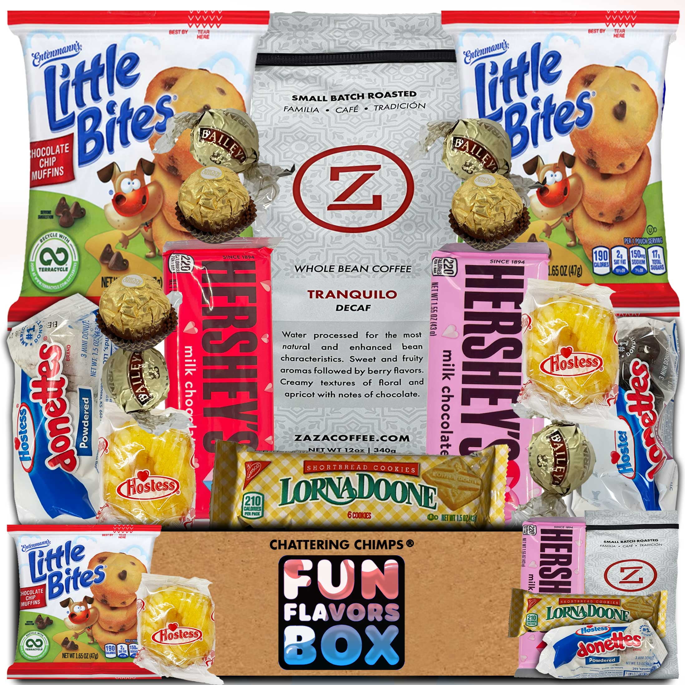 Fun Flavors Box Gourmet Decaf Coffee Gift Basket Variety Pack Snack Box ...
