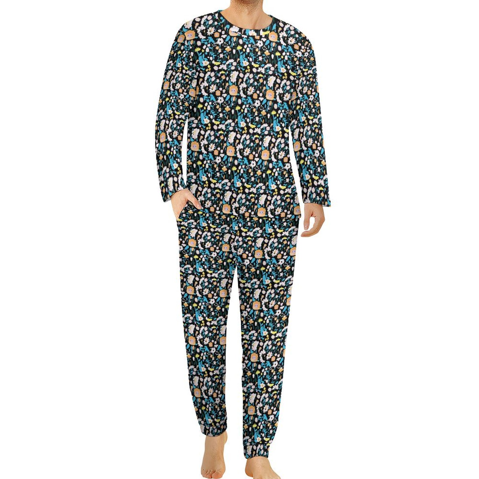 Fun Flower Print Pajamas Retro Floral Men Long-Sleeve Trendy Pajama ...