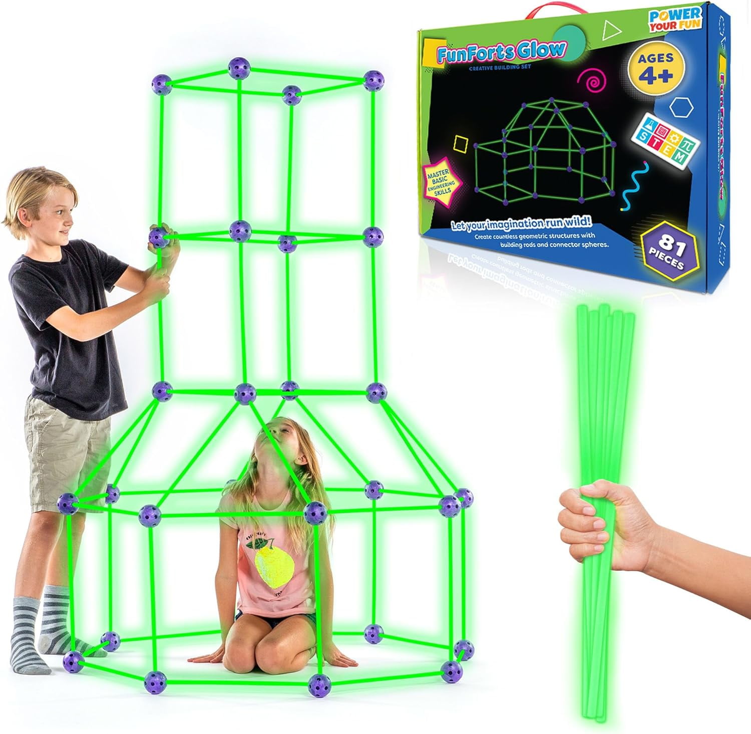 Fun Forts Glow Fort Building Kit for Kids - 81 Pack Glow in The Dark ...