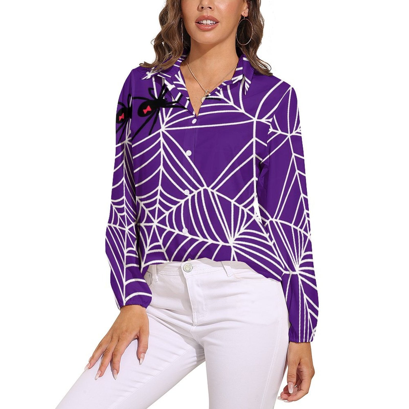 Fun Halloween Loose Blouse Black and Orange Spider Web Streetwear ...