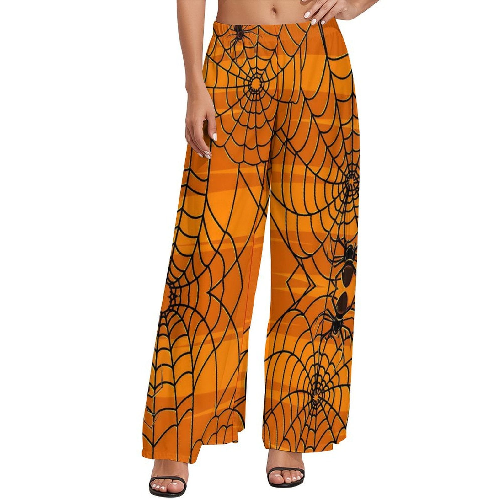 Fun Halloween Pants Black and Orange Spider Web Sexy Wide Leg Pants ...
