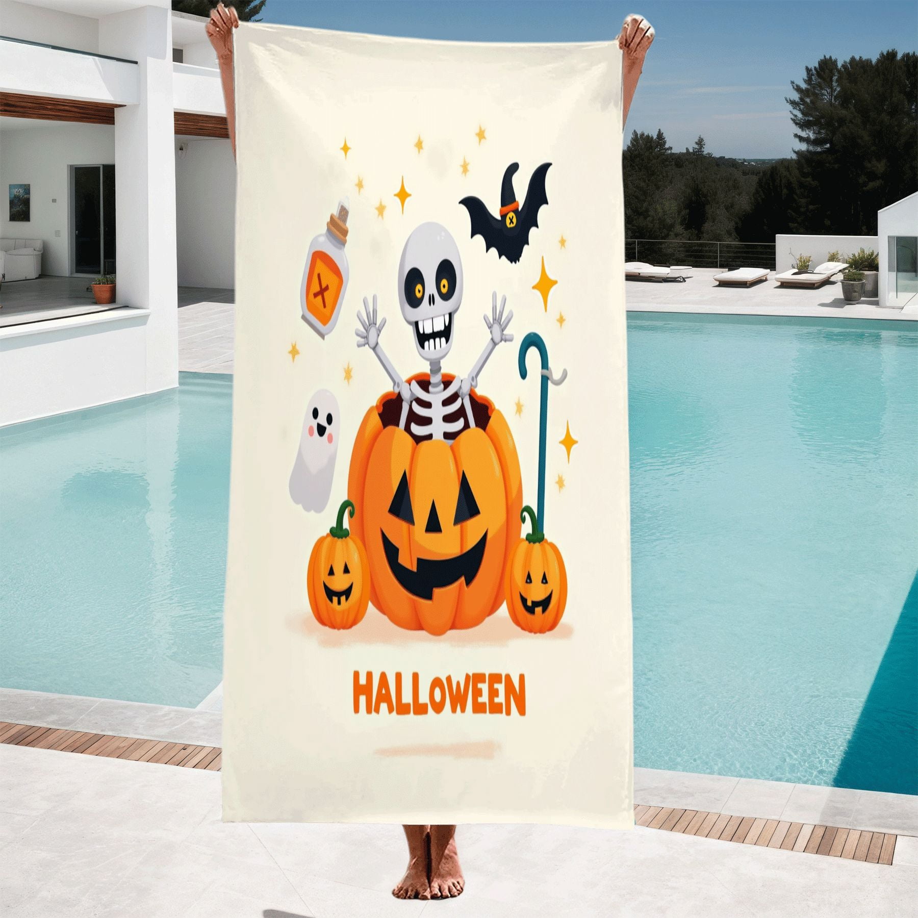 Fun Halloween Skeleton Pumpkin Pattern Beach Towel - Perfect for Pool ...