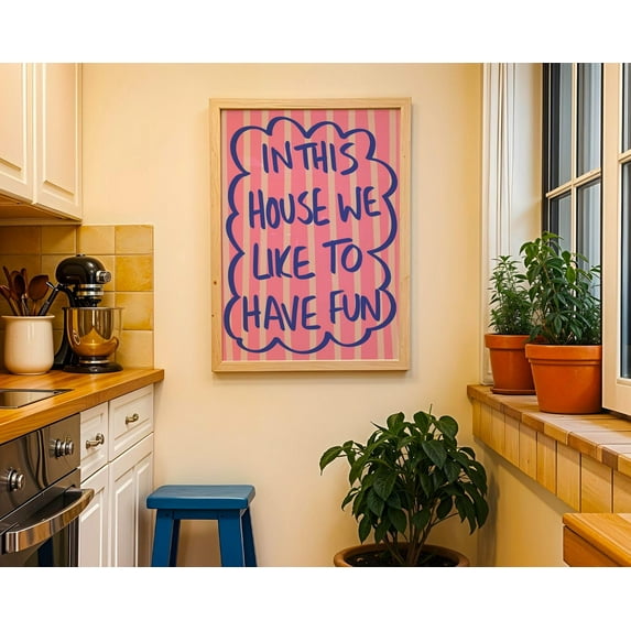 Fun House Rules Print: Pink Stripes, Blue Doodle Text, 24x36 UNFRAMED ...