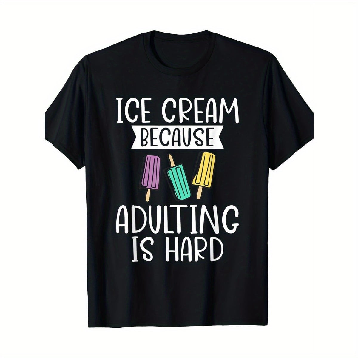 Fun Ice Cream Graphic T-Shirt for Adults - 100% Cotton, 220g, Black with Colorful Ice Cream ...