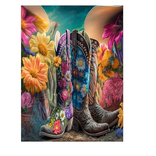 Fun Jigsaw Puzzle for Adults 1000 Pieces Fun Cowboy Boot Flower Wooden ...