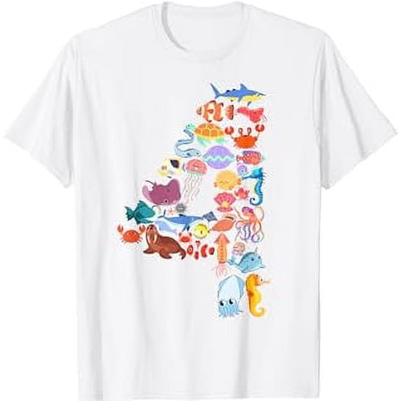 Fun Kids 4th Birthday Ocean Sea Animals Theme 4 Year Old Boy T-Shirt ...