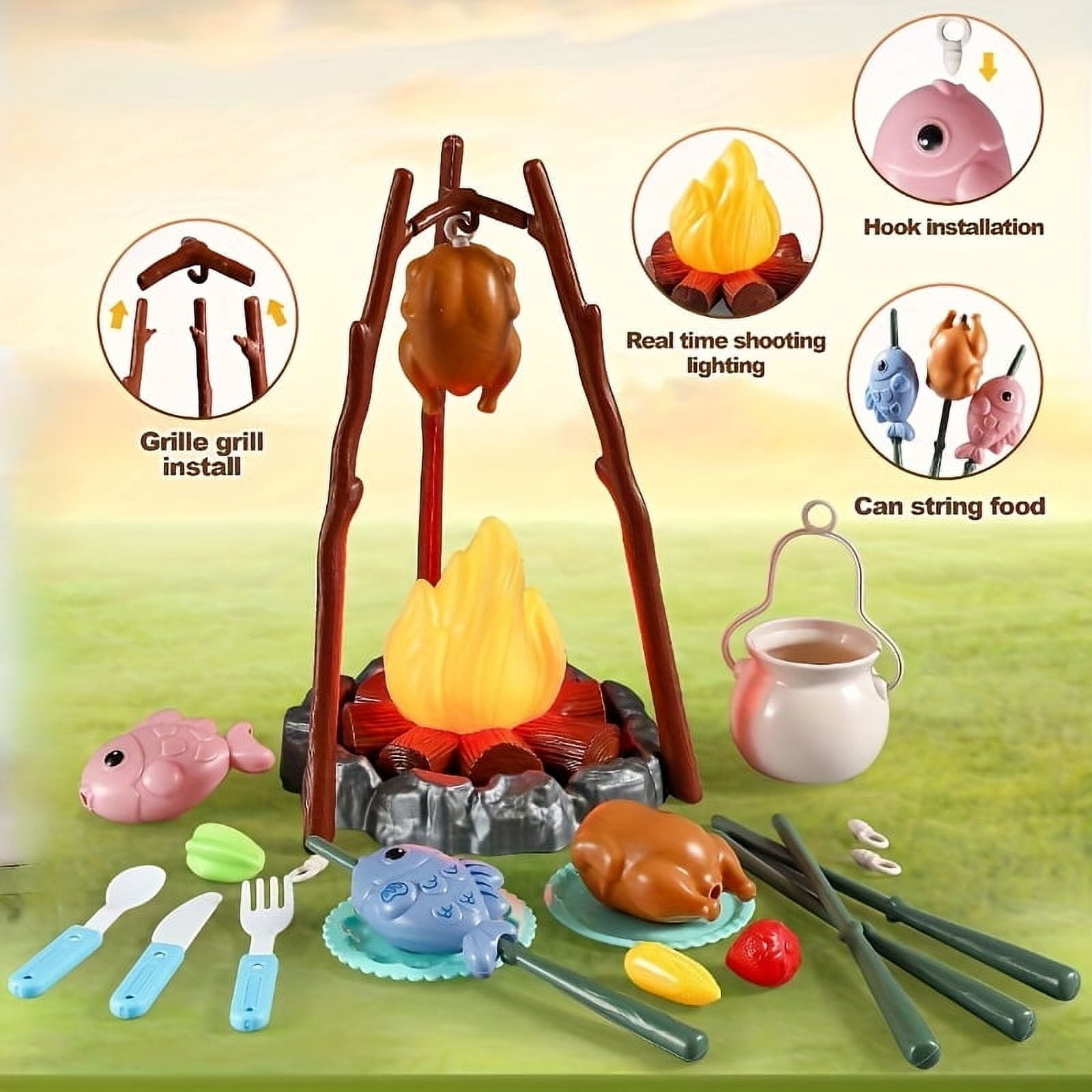 Fun Kids Camping Play Set 27 Pcs - Interactive Campfire, Grill & Food ...